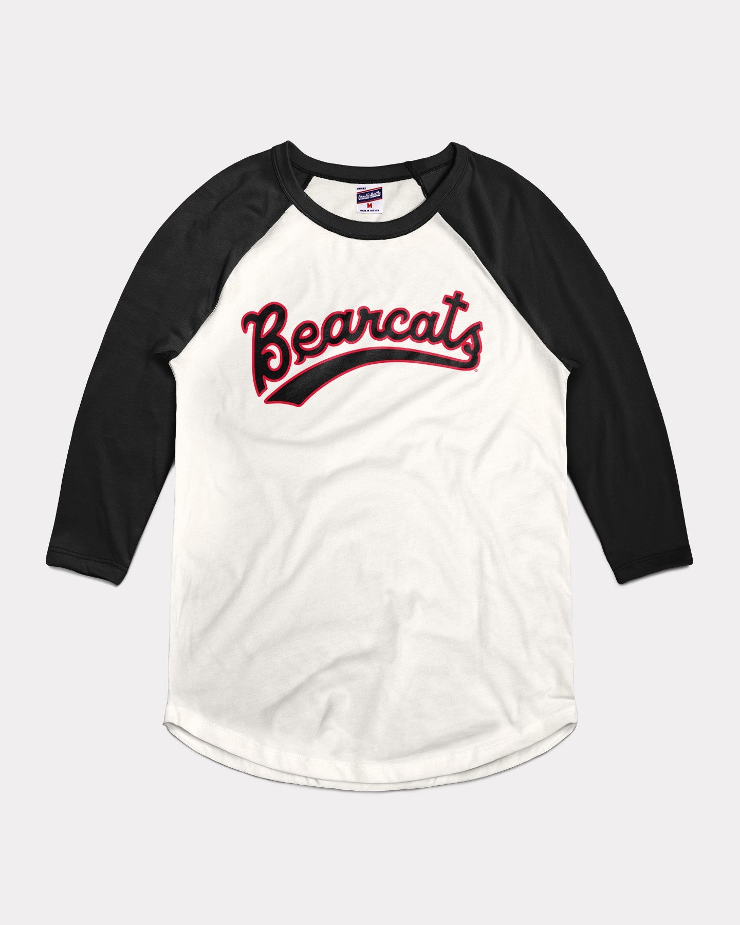 Cincinnati Bearcats Script White & Black Raglan | CHARLIE HUSTLE