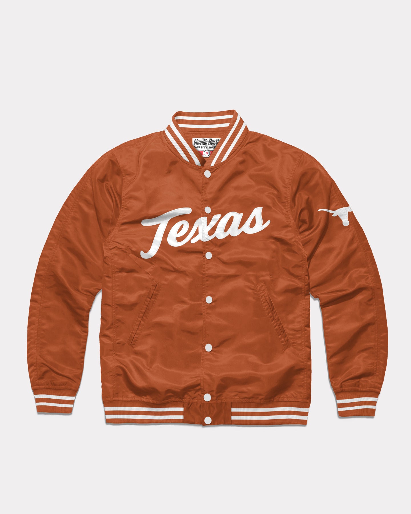 Texas Script Burnt Orange Letterman Jacket | CHARLIE HUSTLE